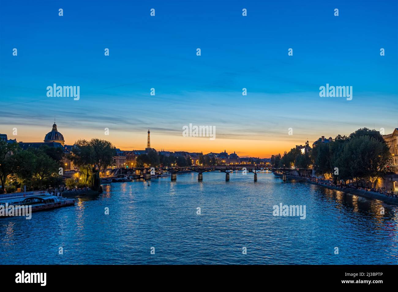 Blue Hour in Paris With Eiffel Tower Seine River and Bridges Stock ...