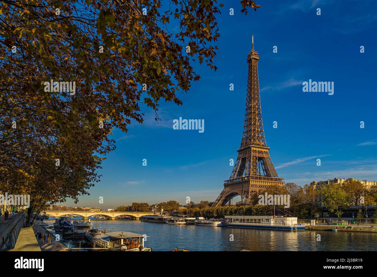Eiffel Tower Enlightened by Sun at Day in Paris Fall Colors Trees Seine ...