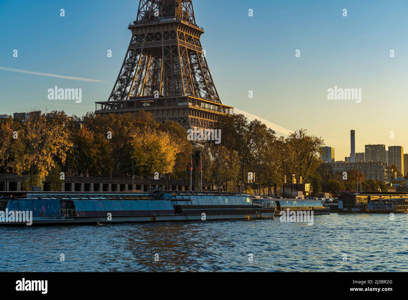 Eiffel Tower and Fall Colors Trees at Golden Hour in Paris Seine River ...