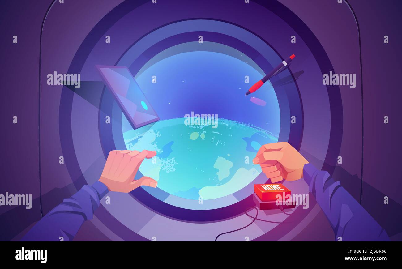 Spaceship interior with Earth view through round window. Concept of ...
