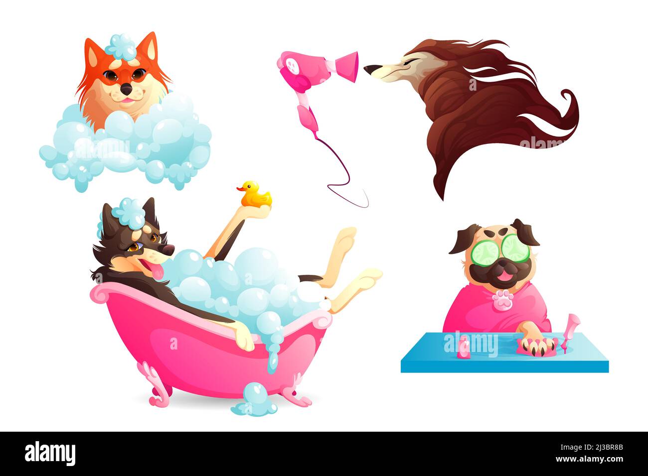 Grooming and spa salon for pets. Dogs washing in bathtub with soap foam ...