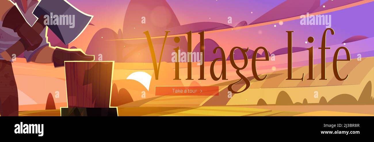 Village life cartoon web banner, man villager with axe chop firewood on ...