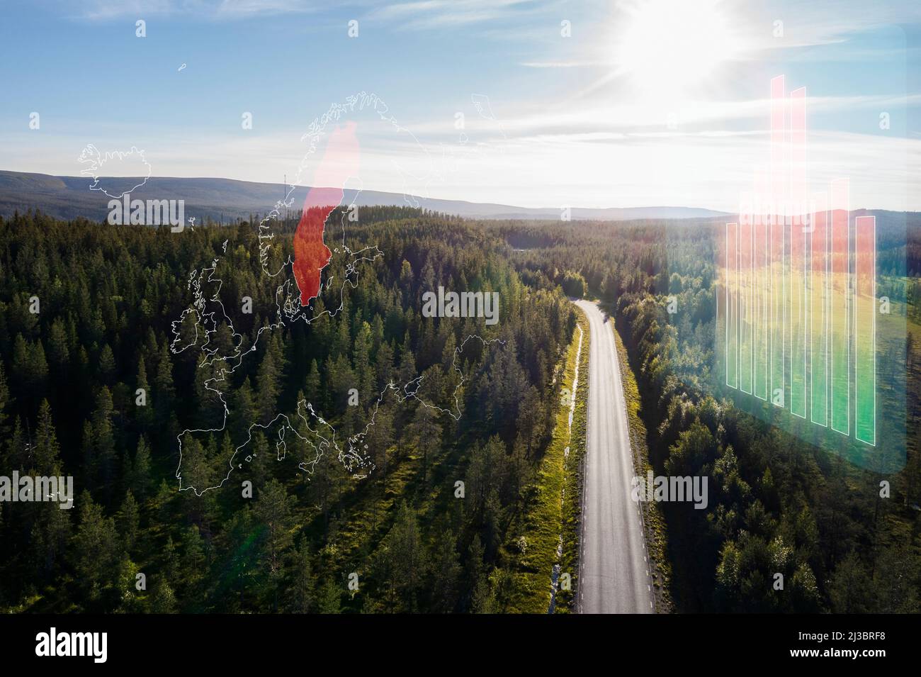 World map and line graph against green landscape Stock Photo - Alamy