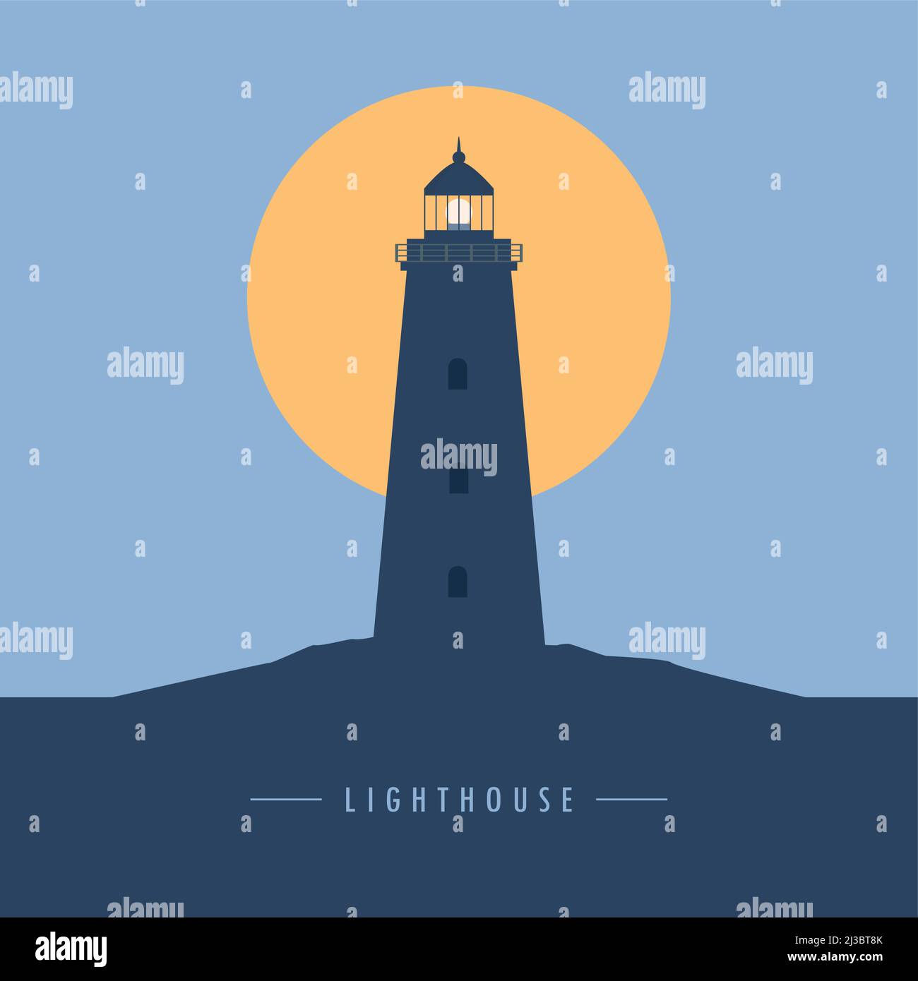 lighthouse silhouette on blue landscape at sunset Stock Vector Image ...