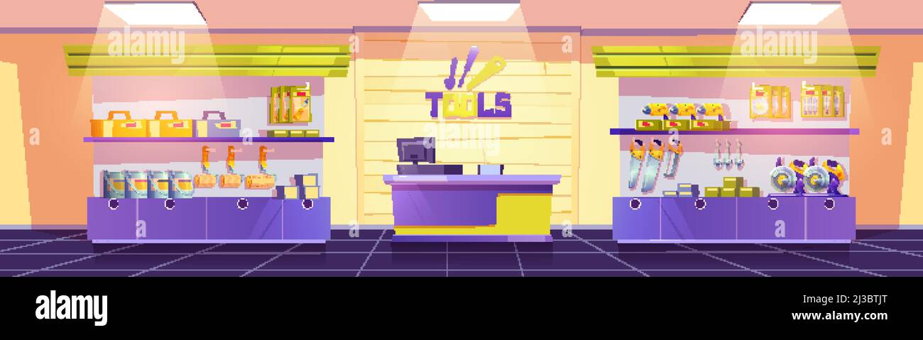 Tools shop with drills, hand saws, screwdrivers and spanners on shelves ...