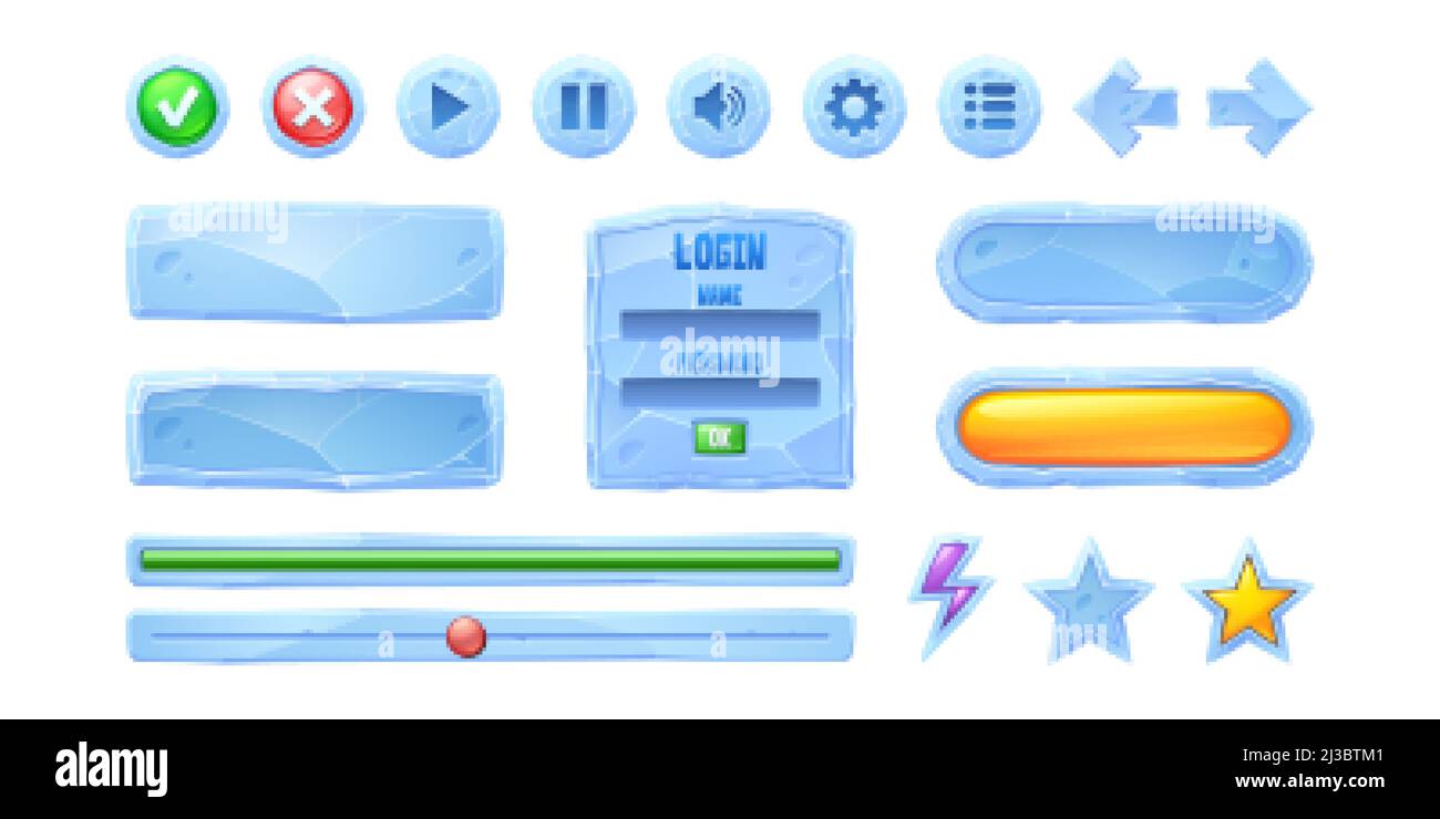 Set progress bars, game buttons of ice texture. Cartoon frozen menu interface, ui or gui ...