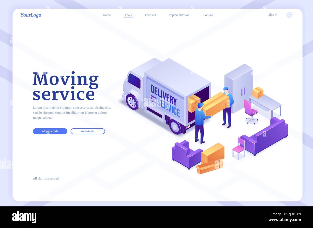 Moving service banner with workers unload van with furniture and boxes ...