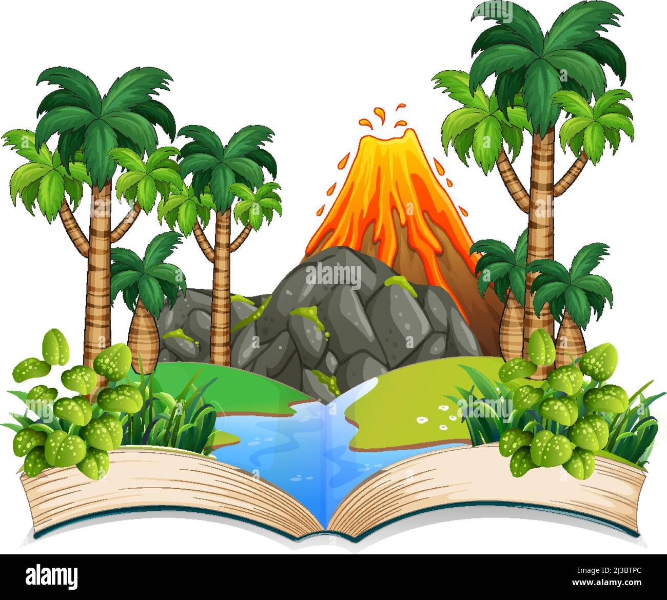 Book with scene of volcano eruption by the river illustration Stock ...