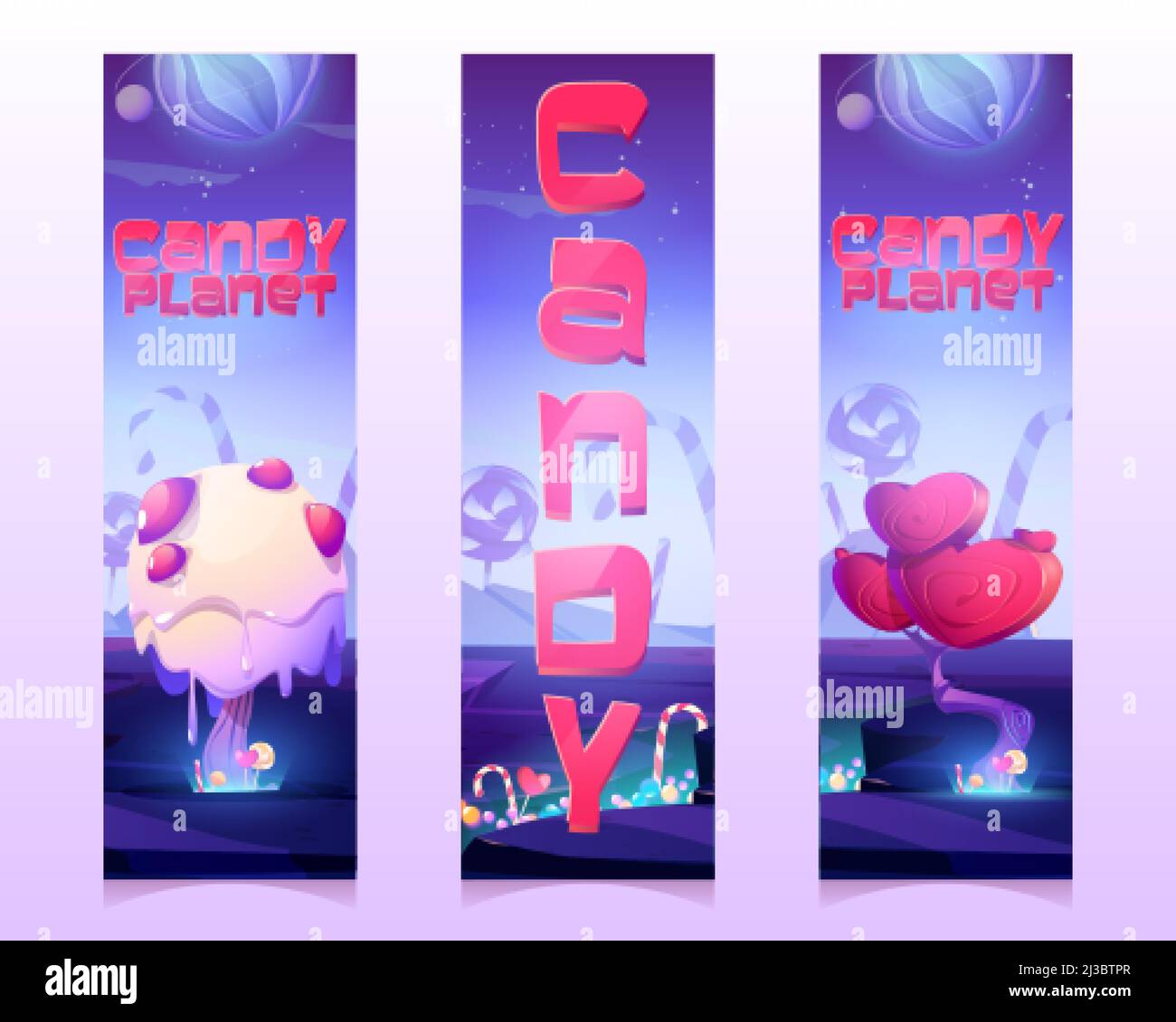 Candy planet vertical banners with unusual trees from cream and caramel ...