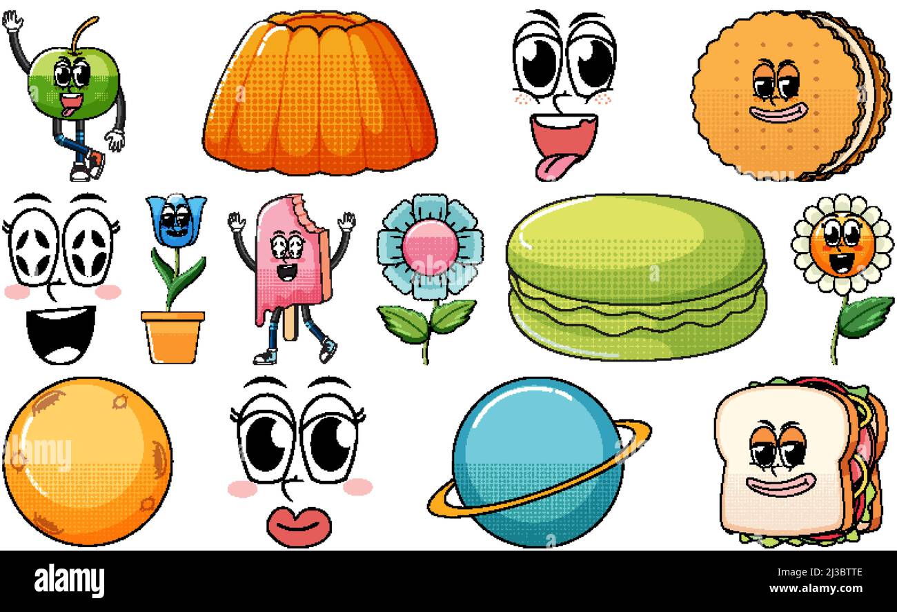 Set of facial expression with vintage style food cartoon on white ...