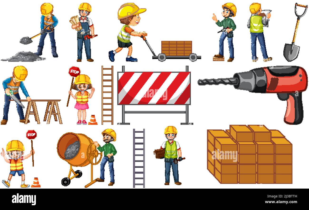 Construction worker set with people and tools illustration Stock Vector ...
