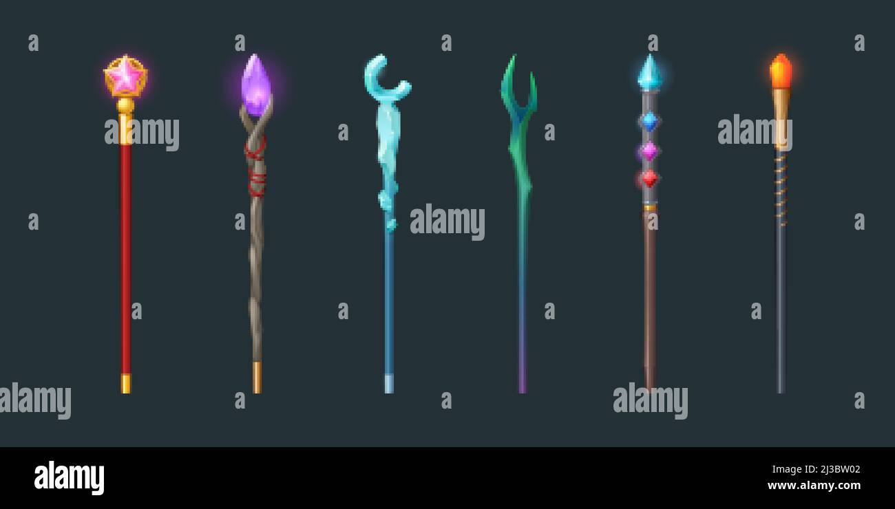 Set of magic staff, walk sticks or wands with glow gems, frozen ice ...