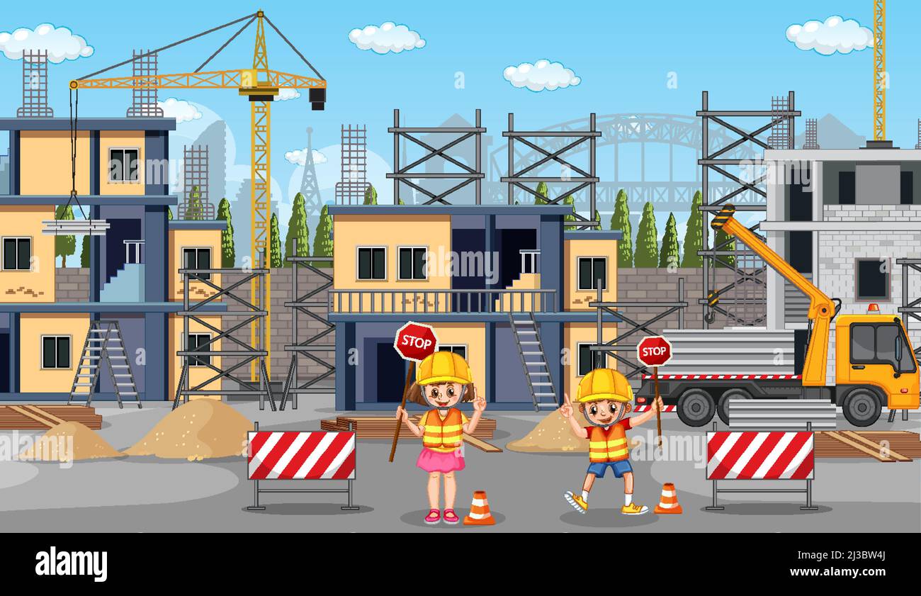 Building construction site and workers illustration Stock Vector Image ...