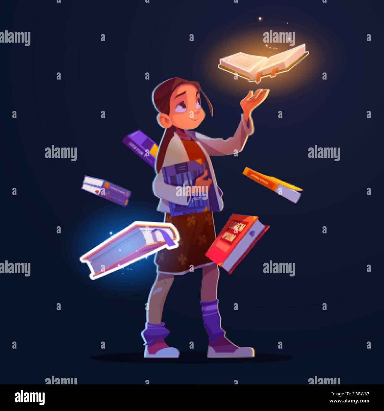 Girl with flying books with magic glow and sparkles. Vector cartoon ...
