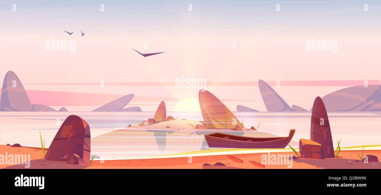 Sea beach and small island in water with rocks at sunrise. Vector ...