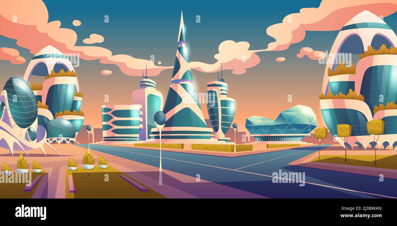 Future city, futuristic glass buildings of unusual shapes and green ...