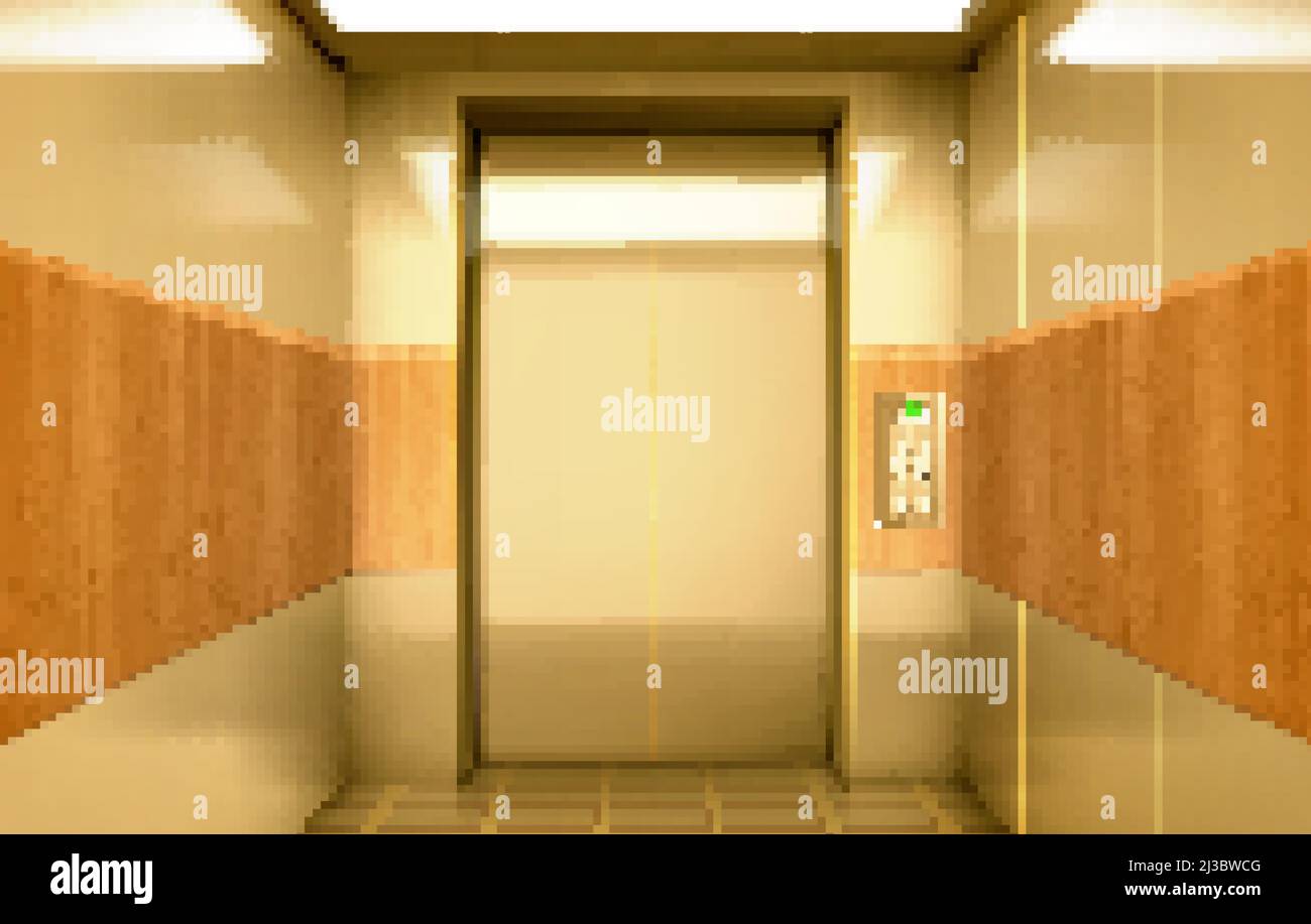 Empty golden elevator cabin with closed doors inside view. Vector ...