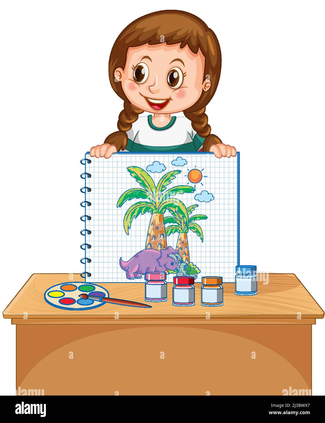 A girl holding notebook with a doodle sketch design on white background ...