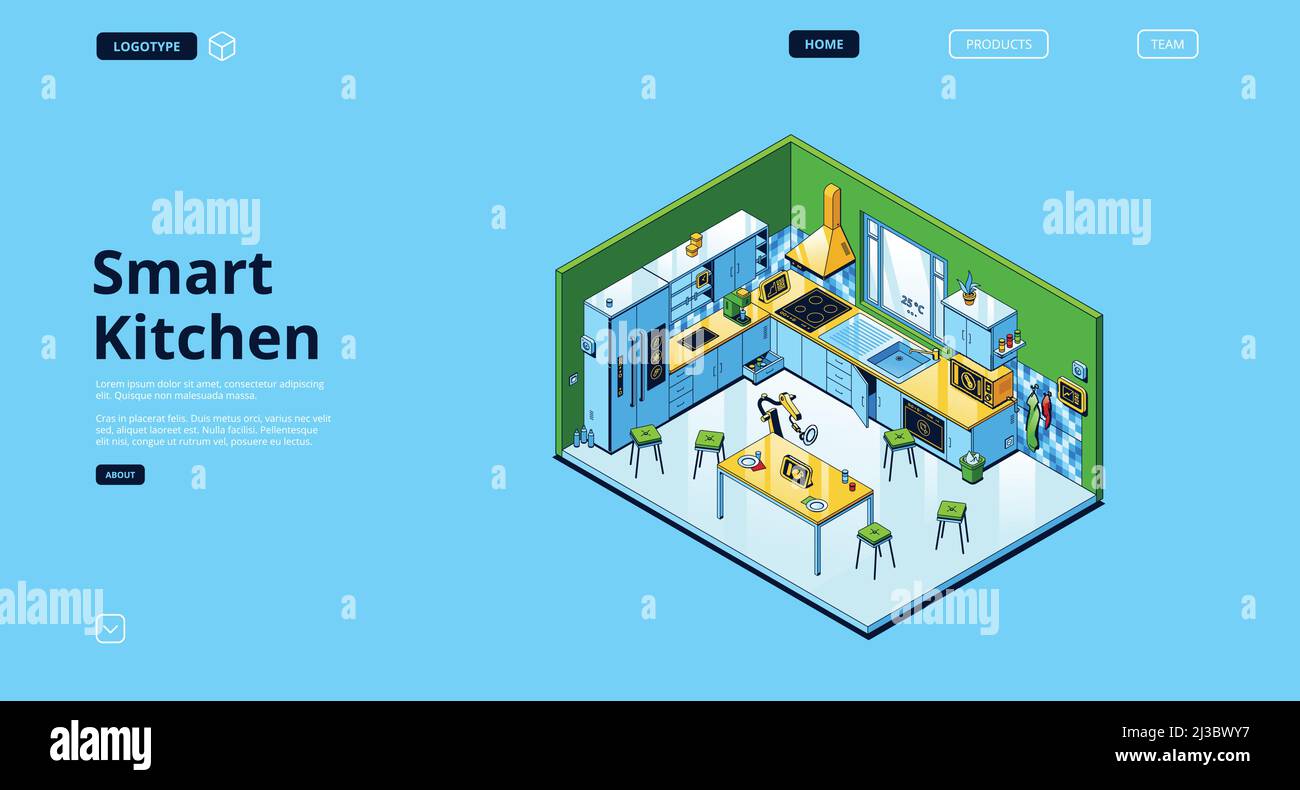 Smart kitchen isometric landing page, empty interior with iot ...