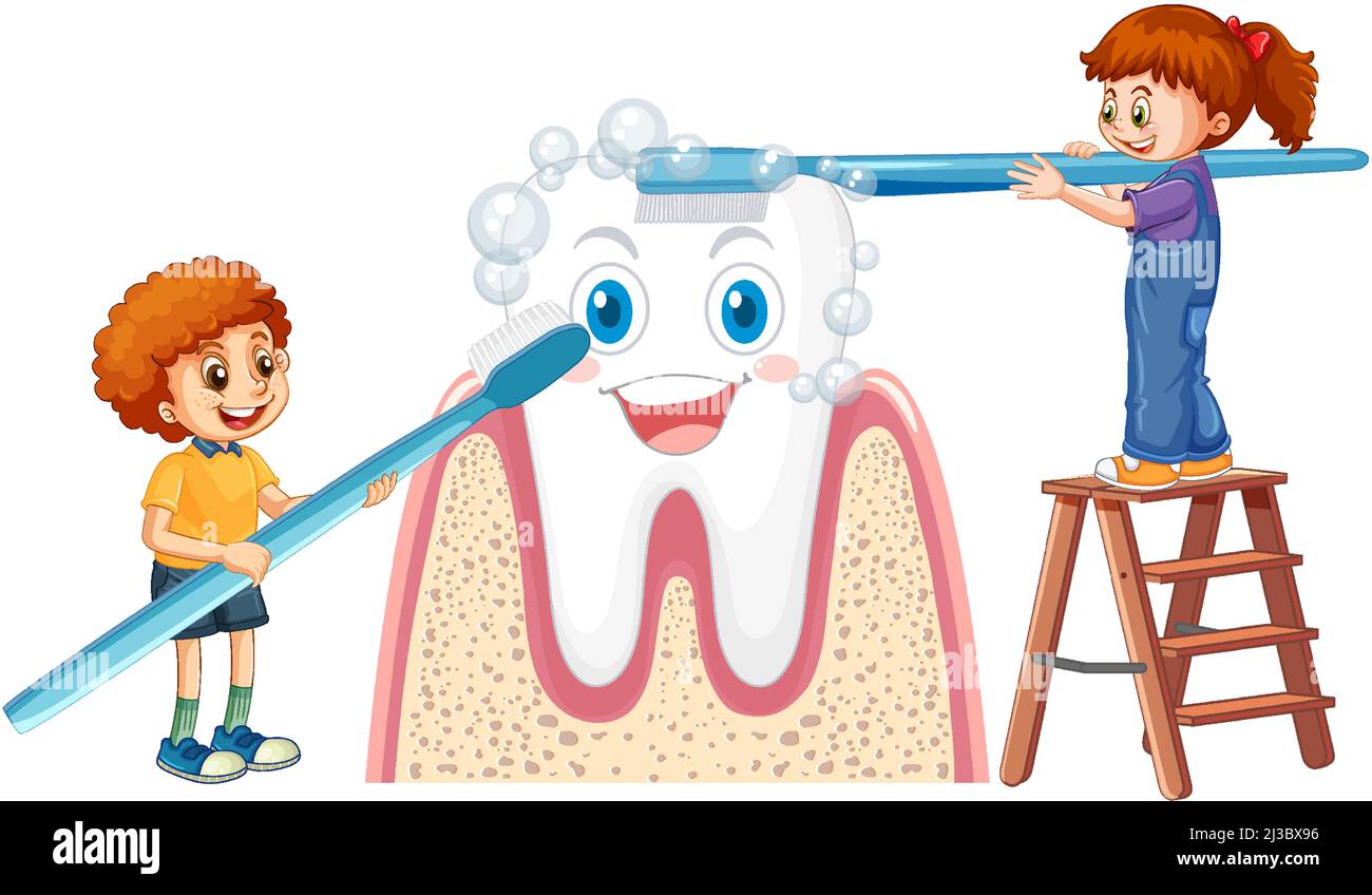 Happy kids brushing a big tooth with a toothbrush on white background ...