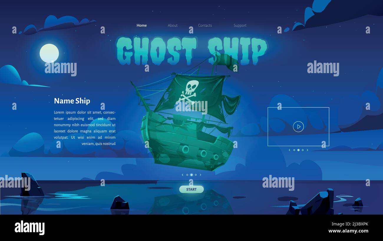 Ghost ship banner with sea landscape with ghostly sailboat at night ...
