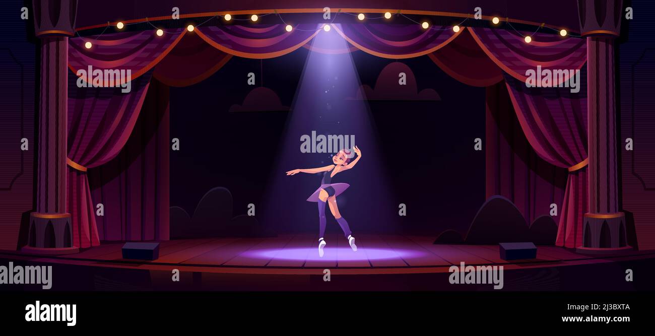 Ballerina dance on stage, girl perform classic ballet on theater scene ...
