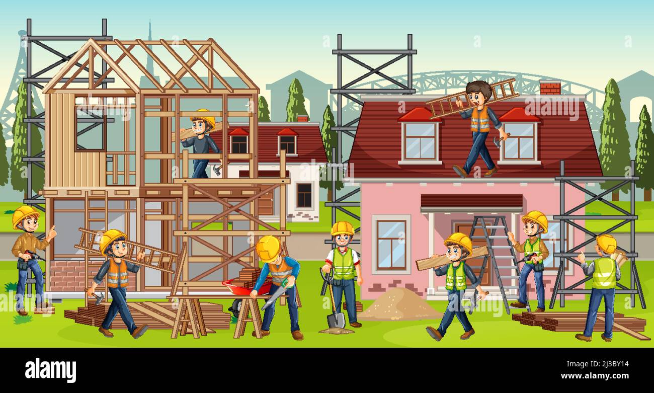Construction site with workers illustration Stock Vector Image & Art ...