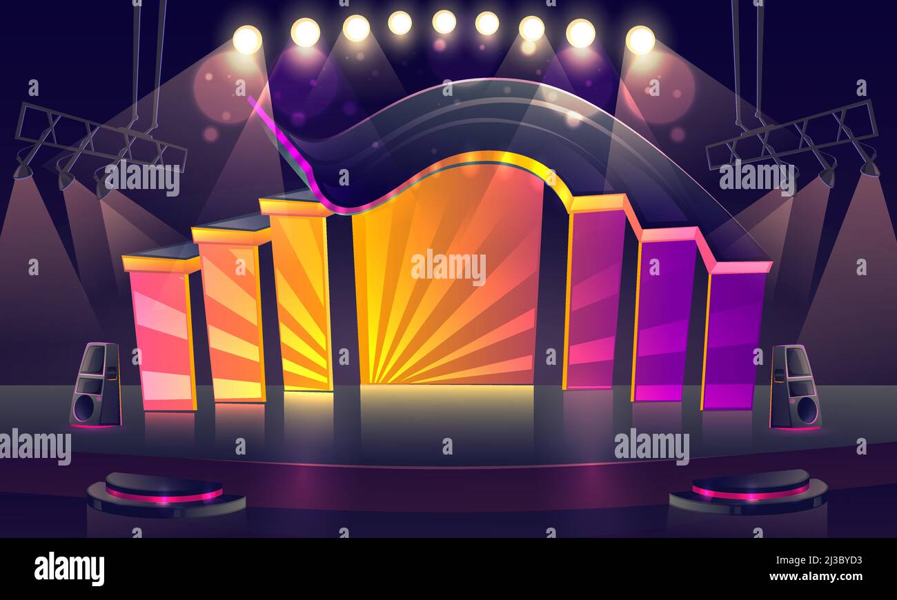 Concert stage with bright decoration and spotlights. Vector cartoon ...