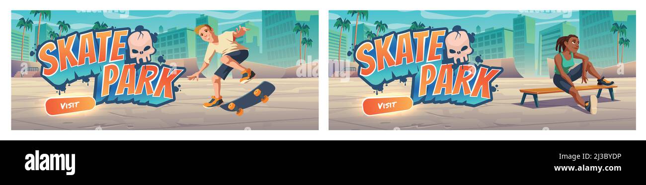 Skate park cartoon landing page with teenager at rollerdrome perform ...