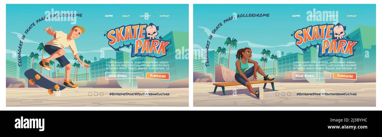 Skate park cartoon landing page with teenager at rollerdrome perform ...