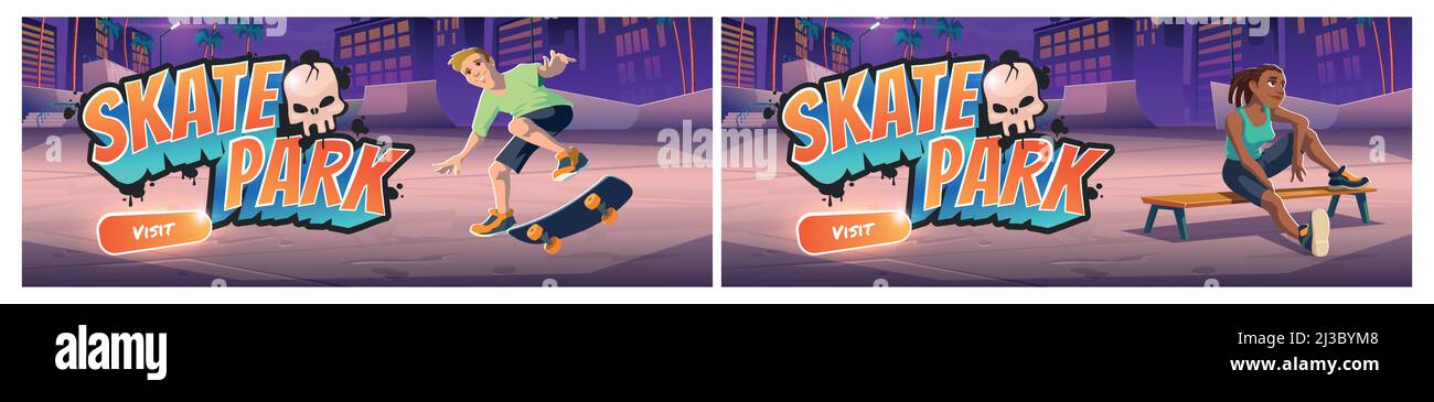 Skate park cartoon landing page with teenager at rollerdrome perform ...