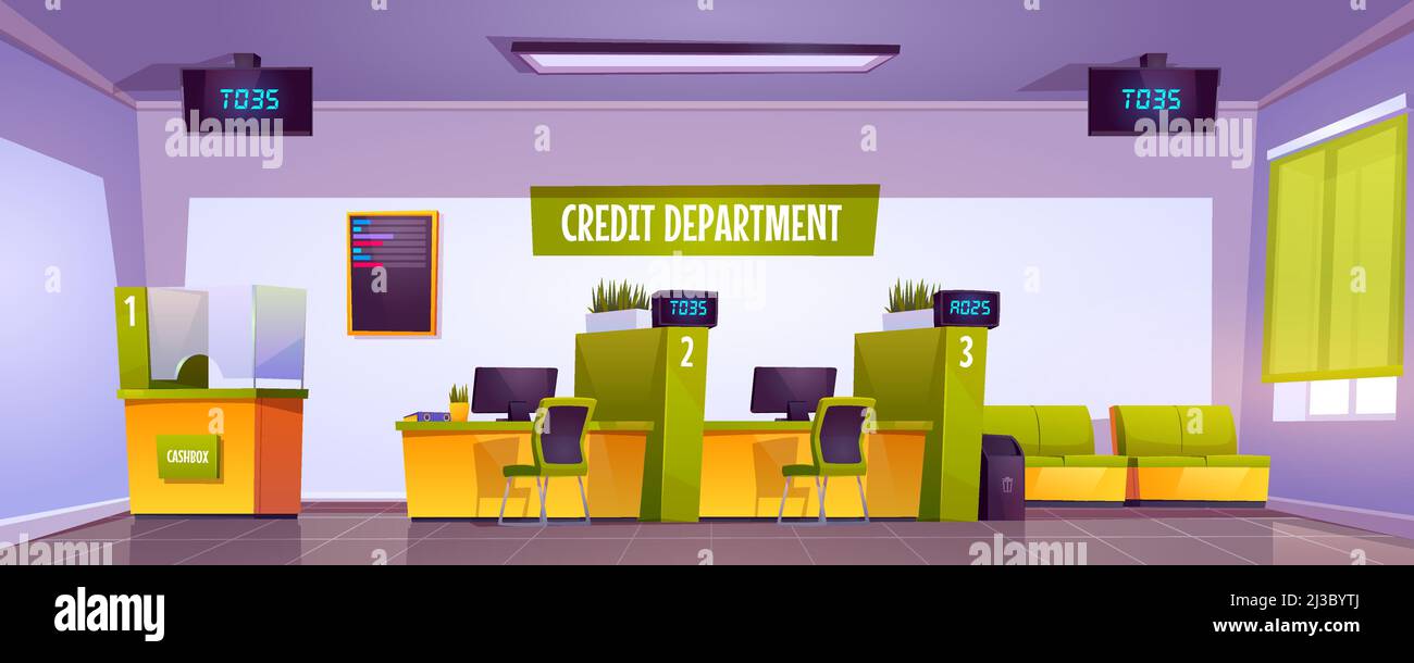 Bank office interior with cash box, staff desk and reception counter ...