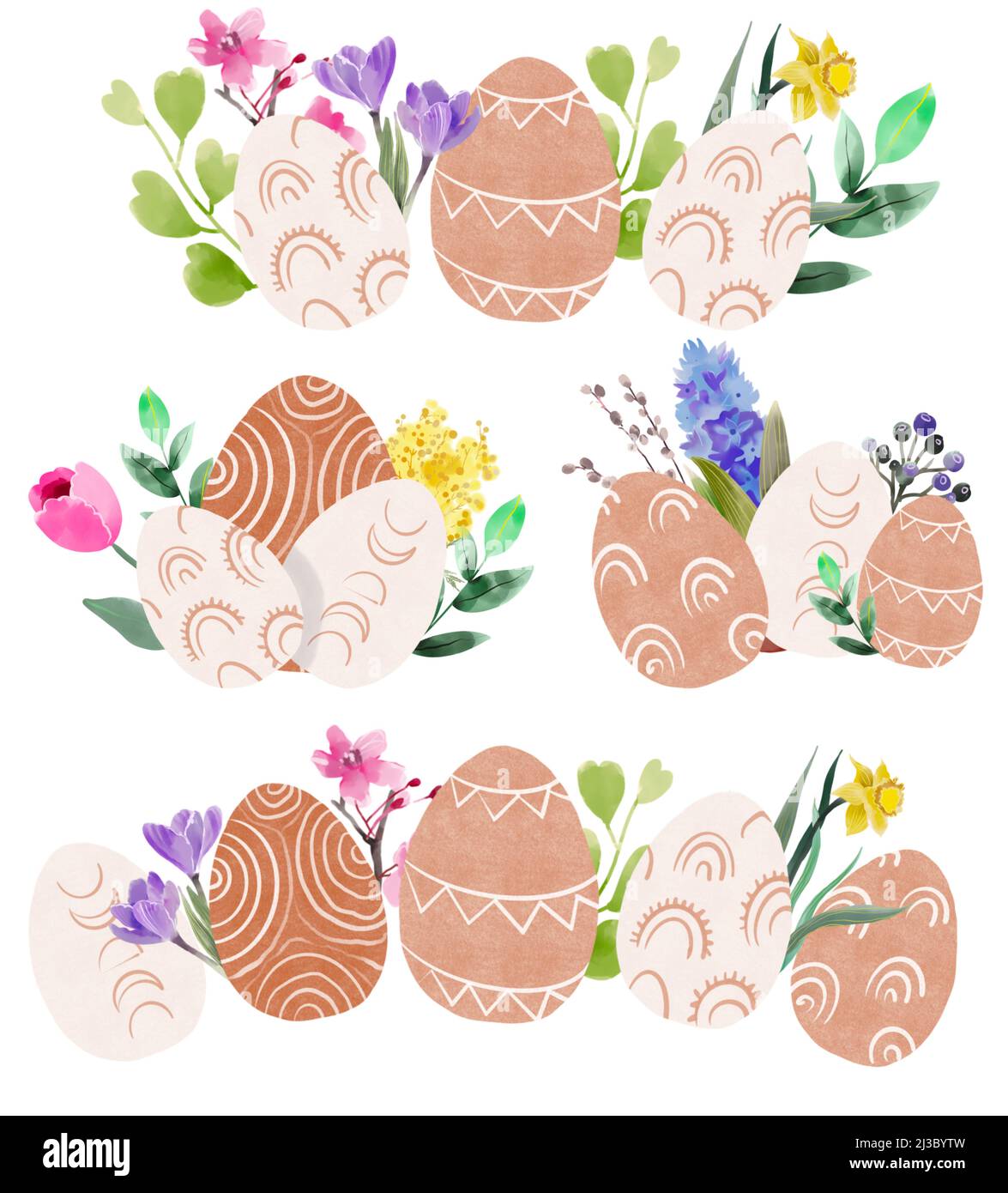 Set of easter boho eggs on an isolated white background, floral design ...
