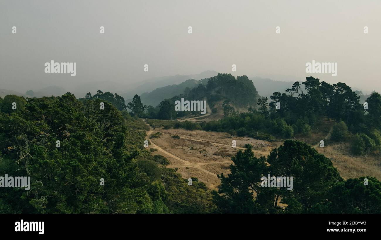 smoke from fires in california. aerial view of the top of Mount ...