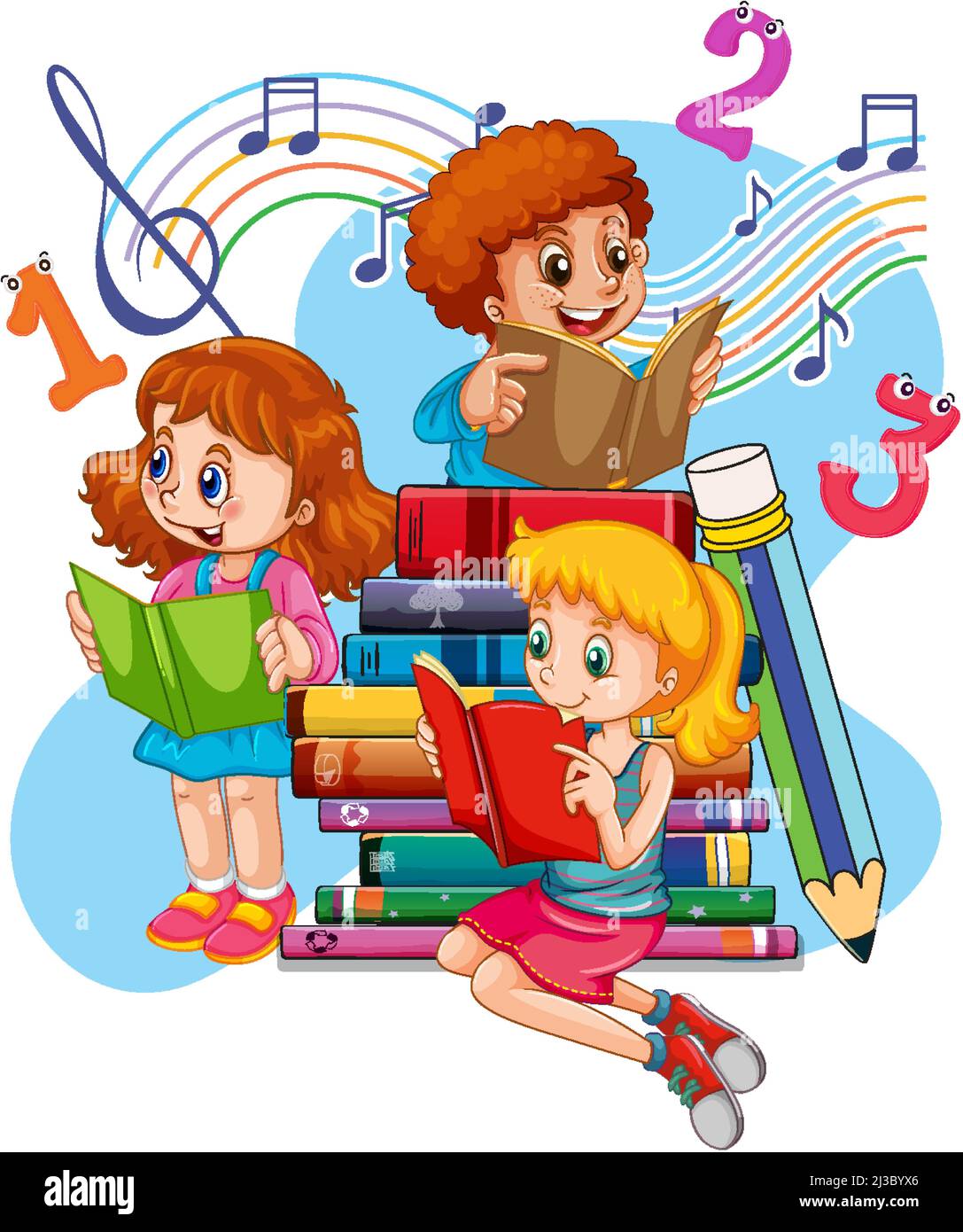Three children are reading books on a stack of books illustration Stock ...