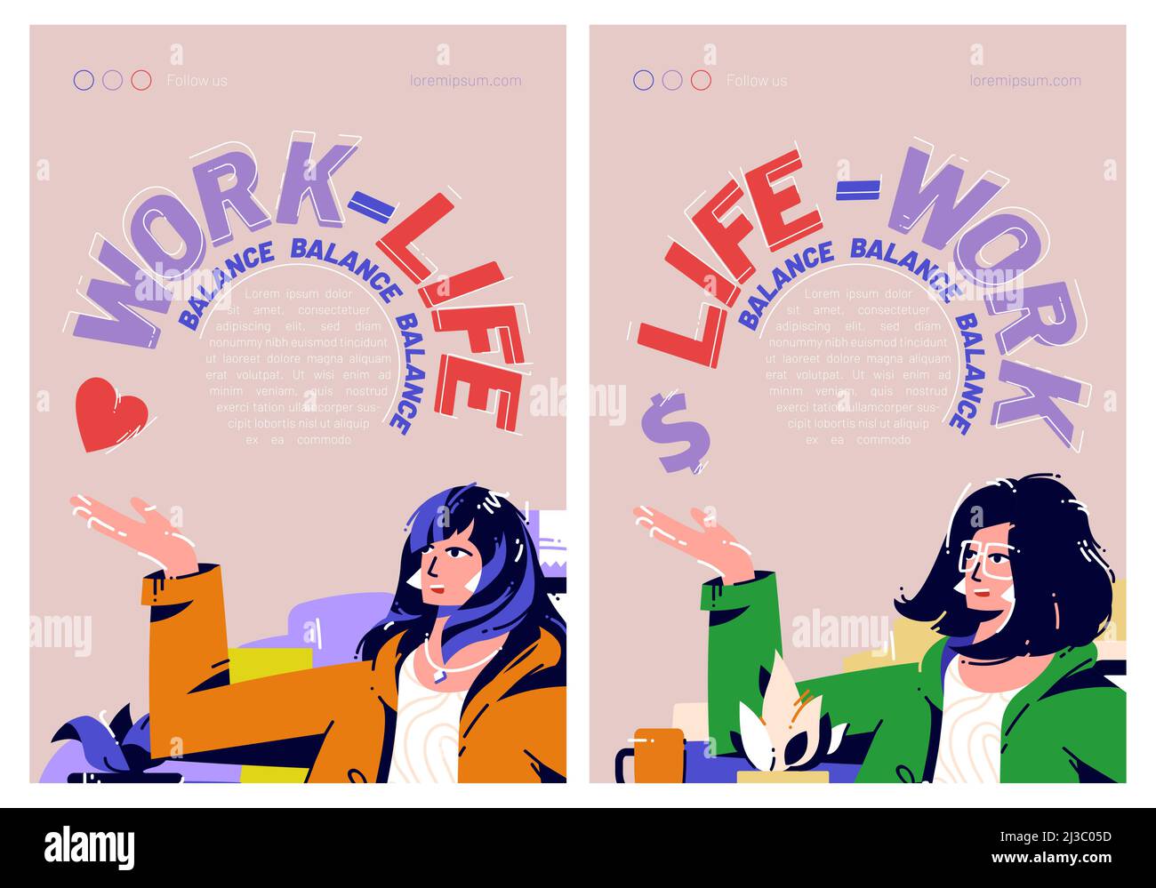 Work and life balance cartoon flyer, businesswoman sitting at workplace ...
