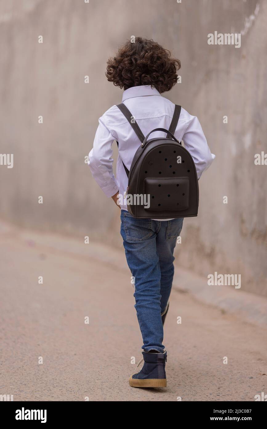 Back view of little school boy walking down the street to school Stock ...