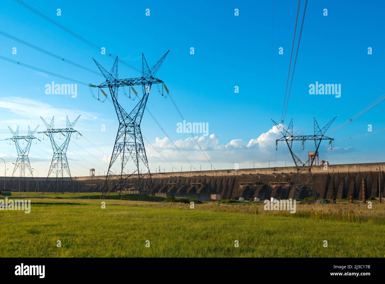 Electric power lines coming out from a Itaipu dam, Parana State, Brazil ...