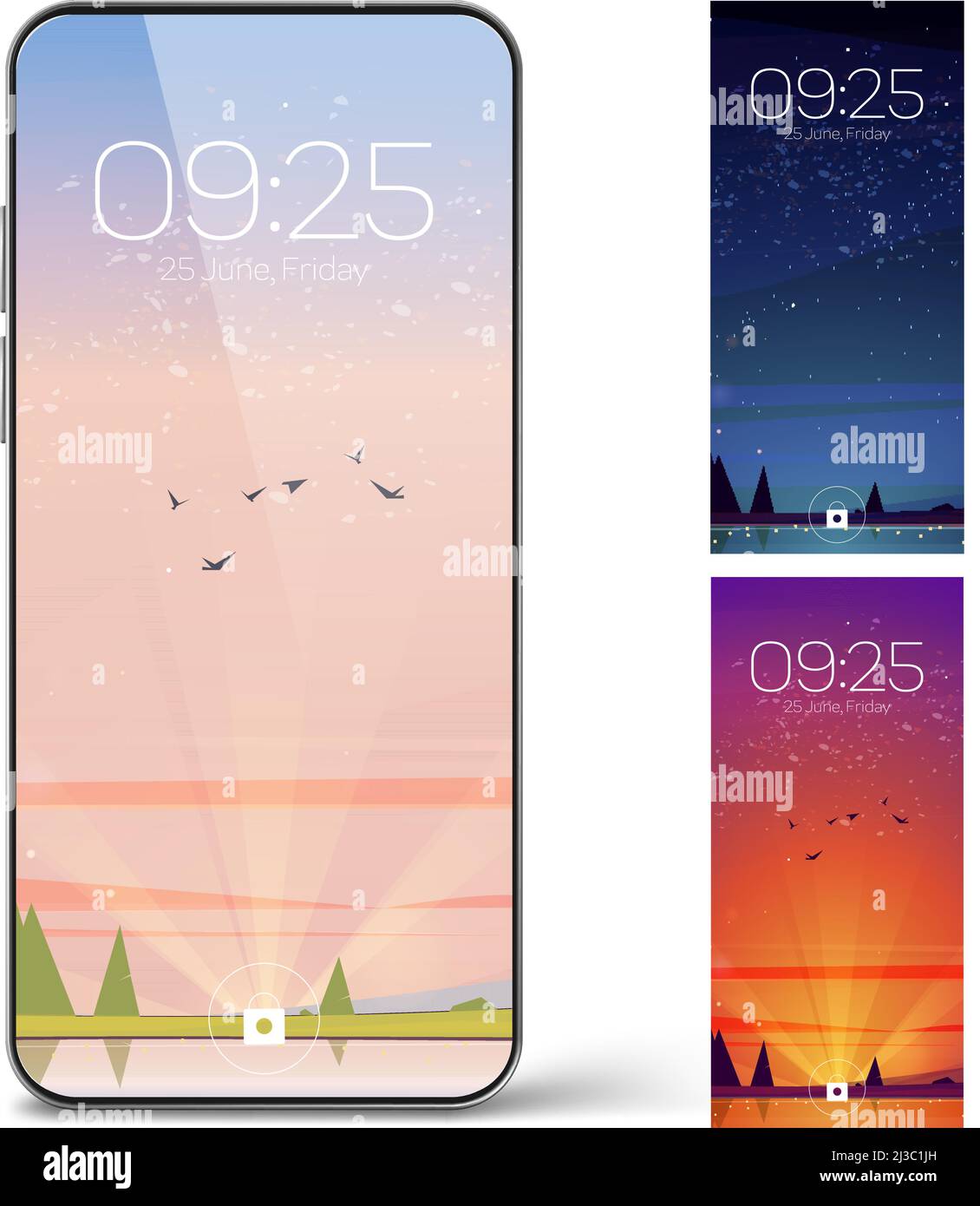 Smartphone lock screen with day and night landscape. Mobile phone ...
