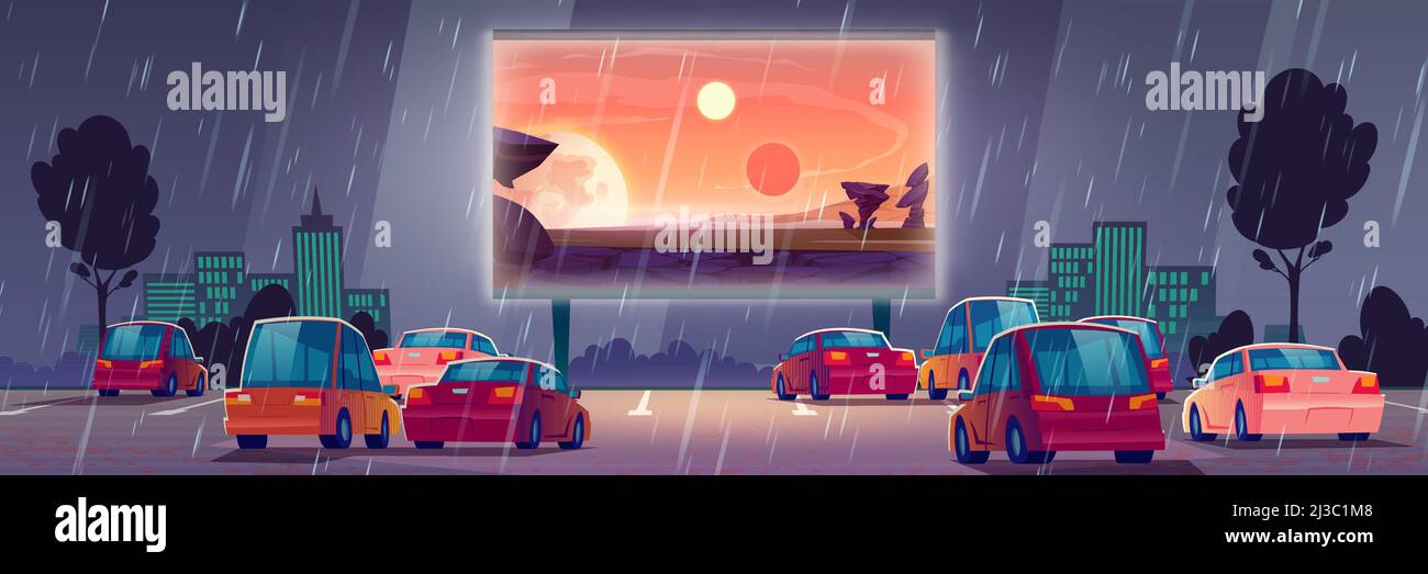 Car street cinema at rainy weather. Drive-in theater with automobiles ...