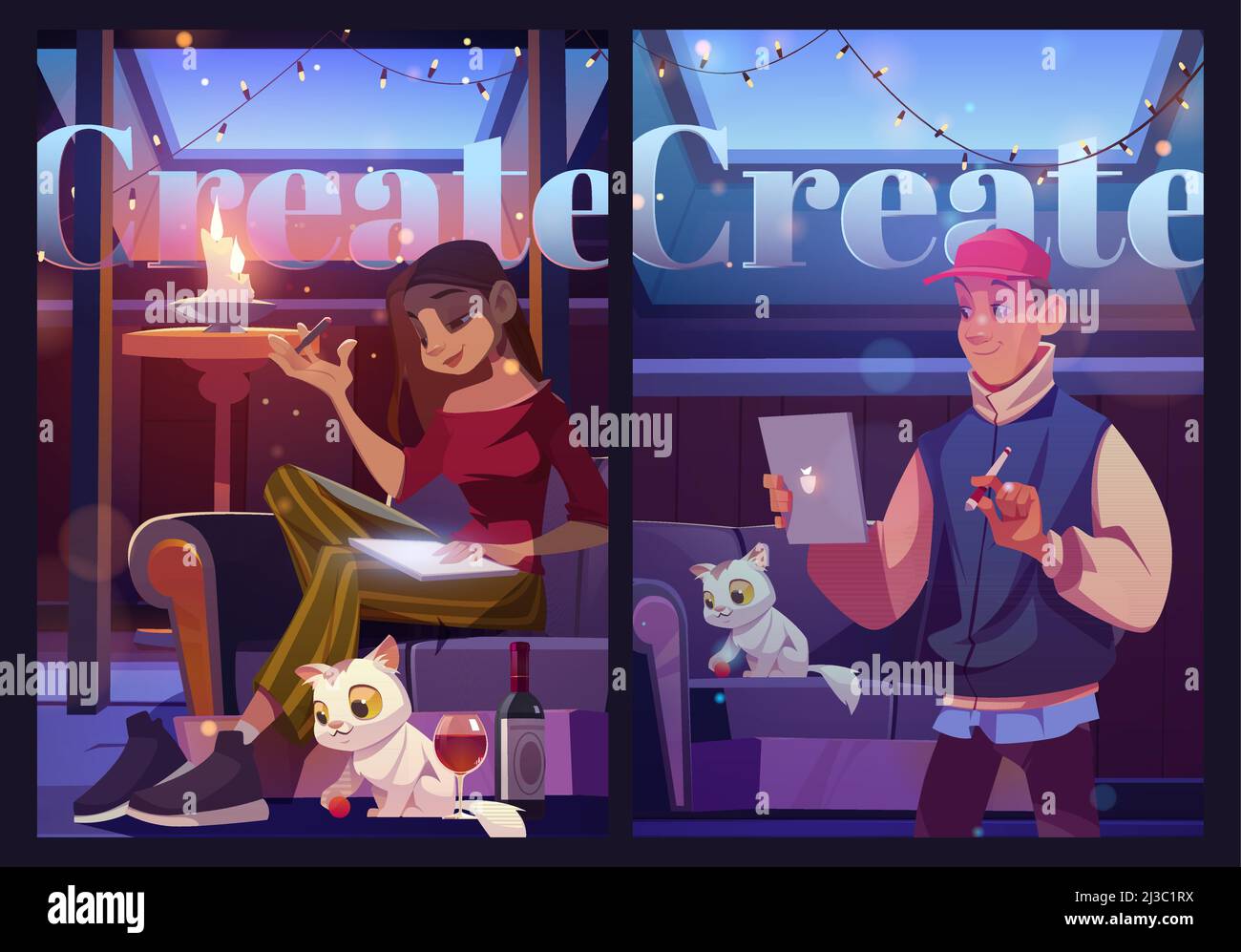 Create cartoon motivational posters. Young man and woman at home art ...