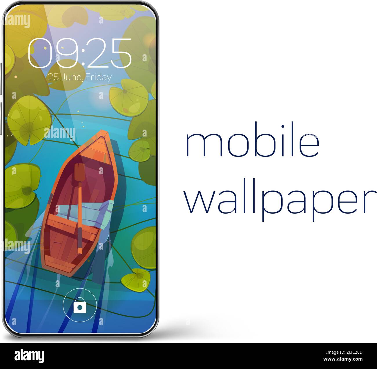 Smartphone lock screen with wooden boat on pond with water lily leaves ...