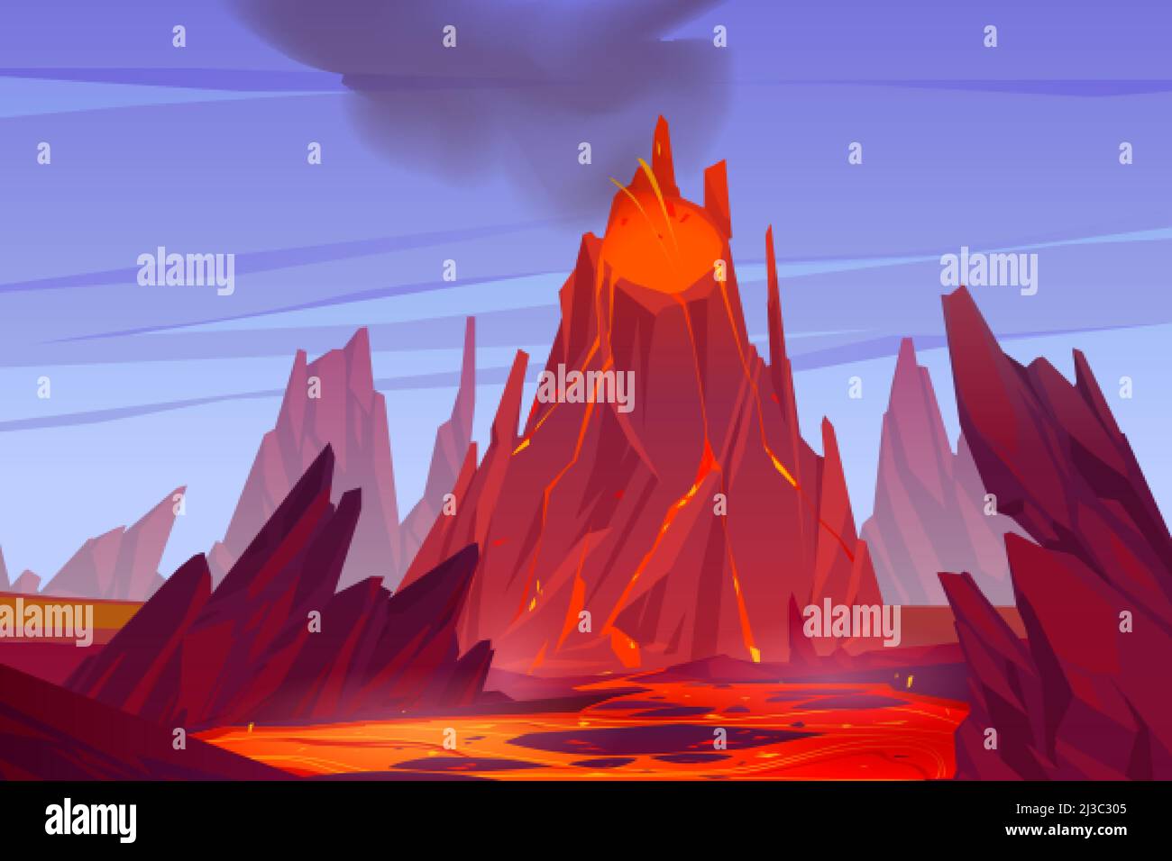 Volcanic eruption illustration. Volcano erupts with hot lava, fire and ...