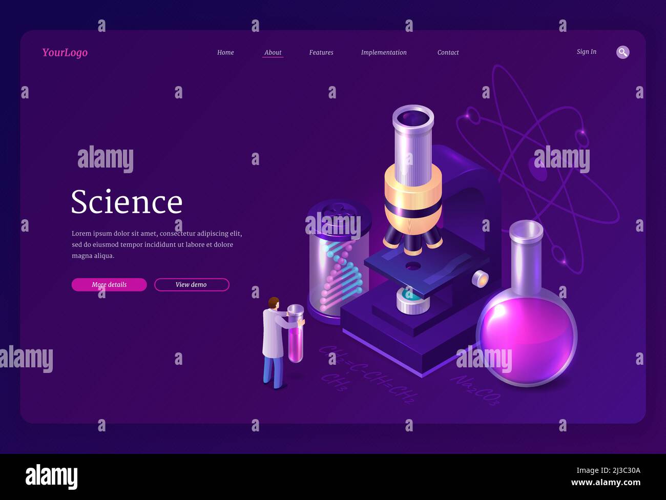 Science isometric landing page, tiny scientist working in lab with huge ...