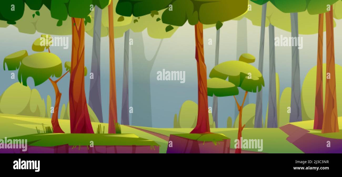 Cartoon forest background, nature landscape with deciduous trees, green ...