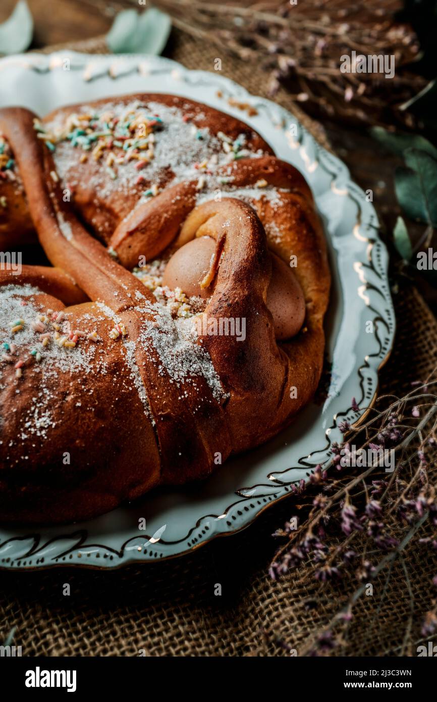 closeup of a traditional mona de pascua, a cake eaten on Easter Monday ...