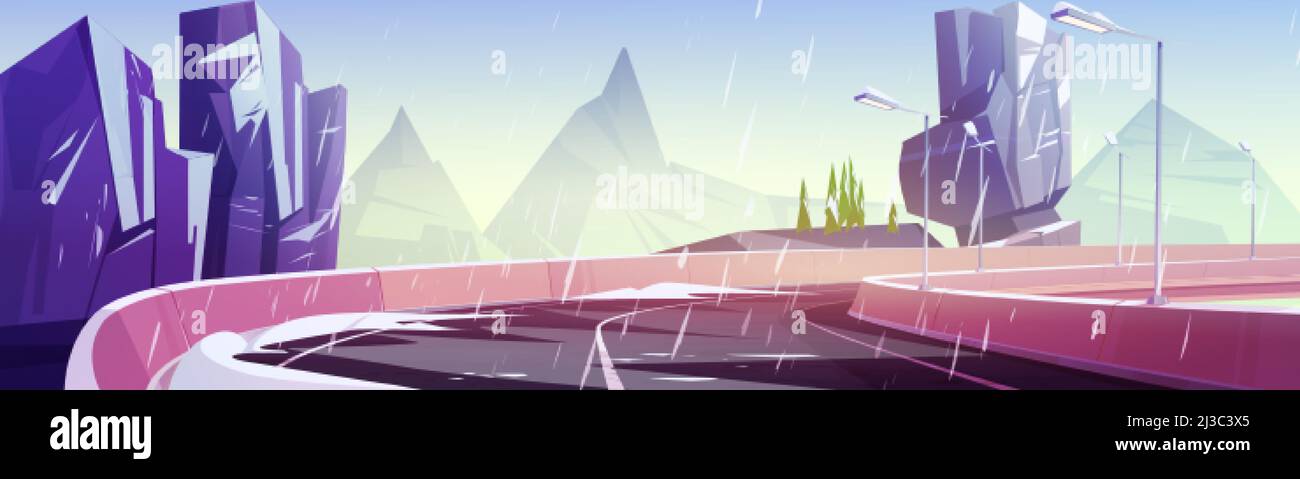 Car road in mountains at winter. Vector cartoon landscape of rocks and ...