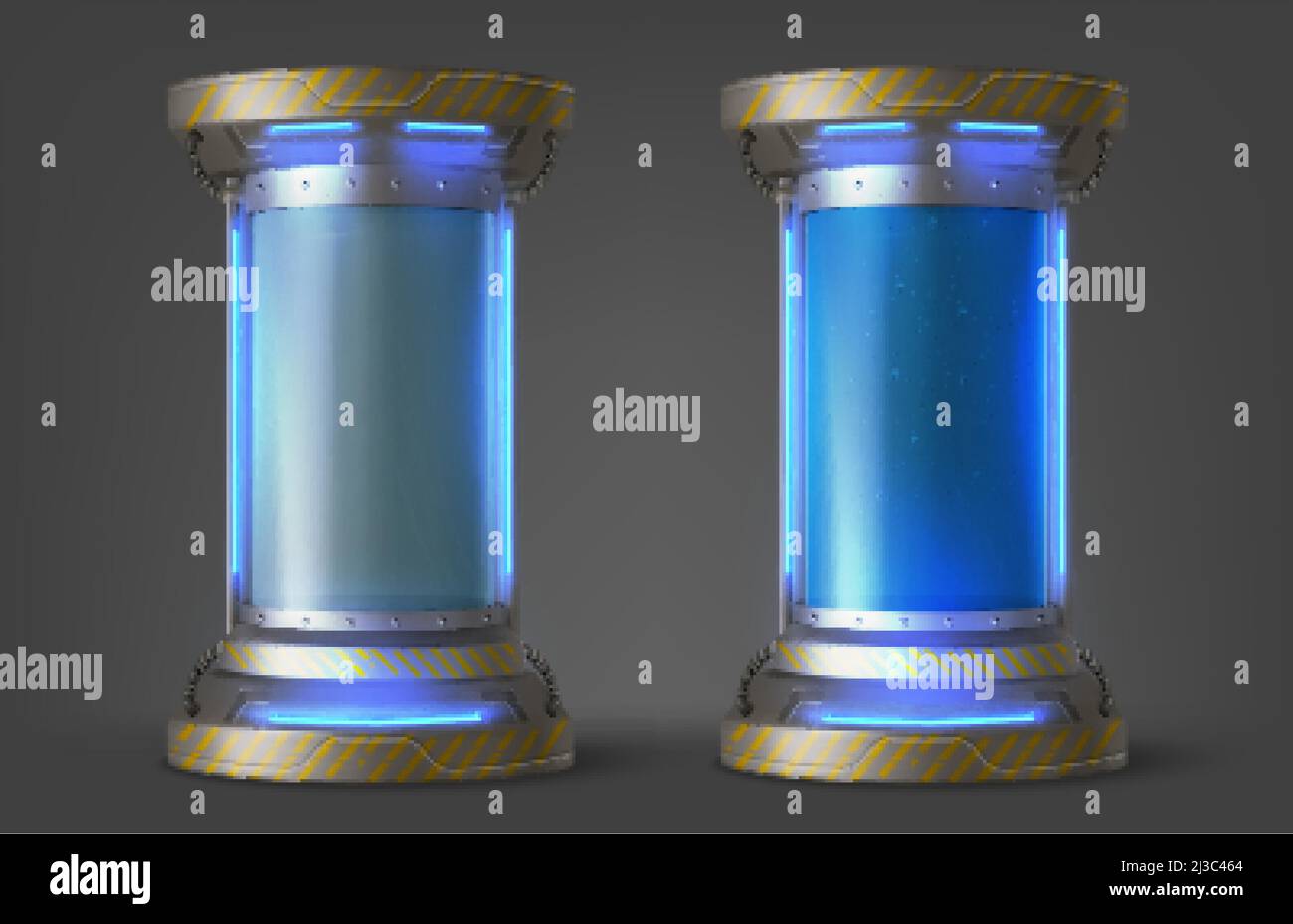 Cryonics capsules, empty and full futuristic containers, glass tubes ...