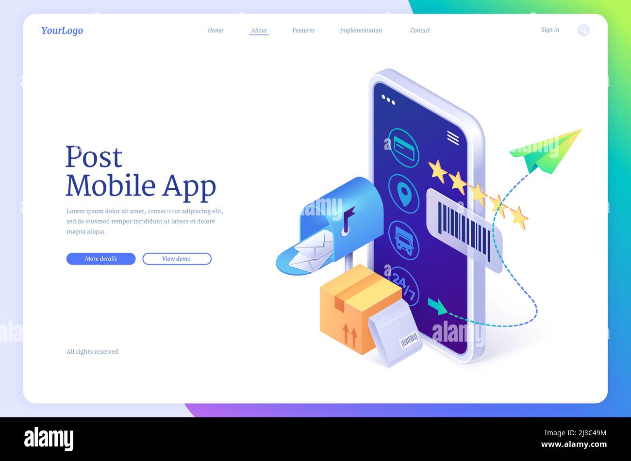 Post mobile app isometric landing page, smartphone with mail ...