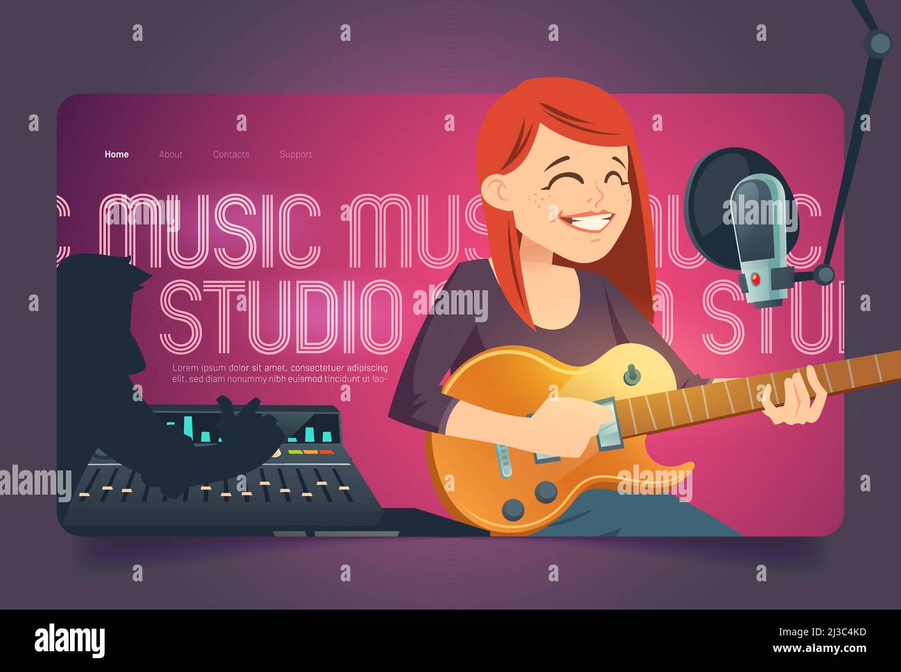 Recording studio cartoon landing page, singer woman with guitar sing in ...